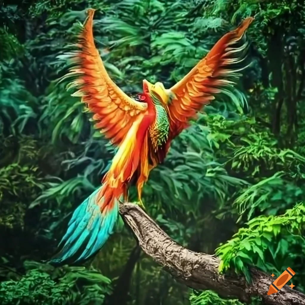 Mythical phoenix bird perched on a tree branch surrounded by lush ...