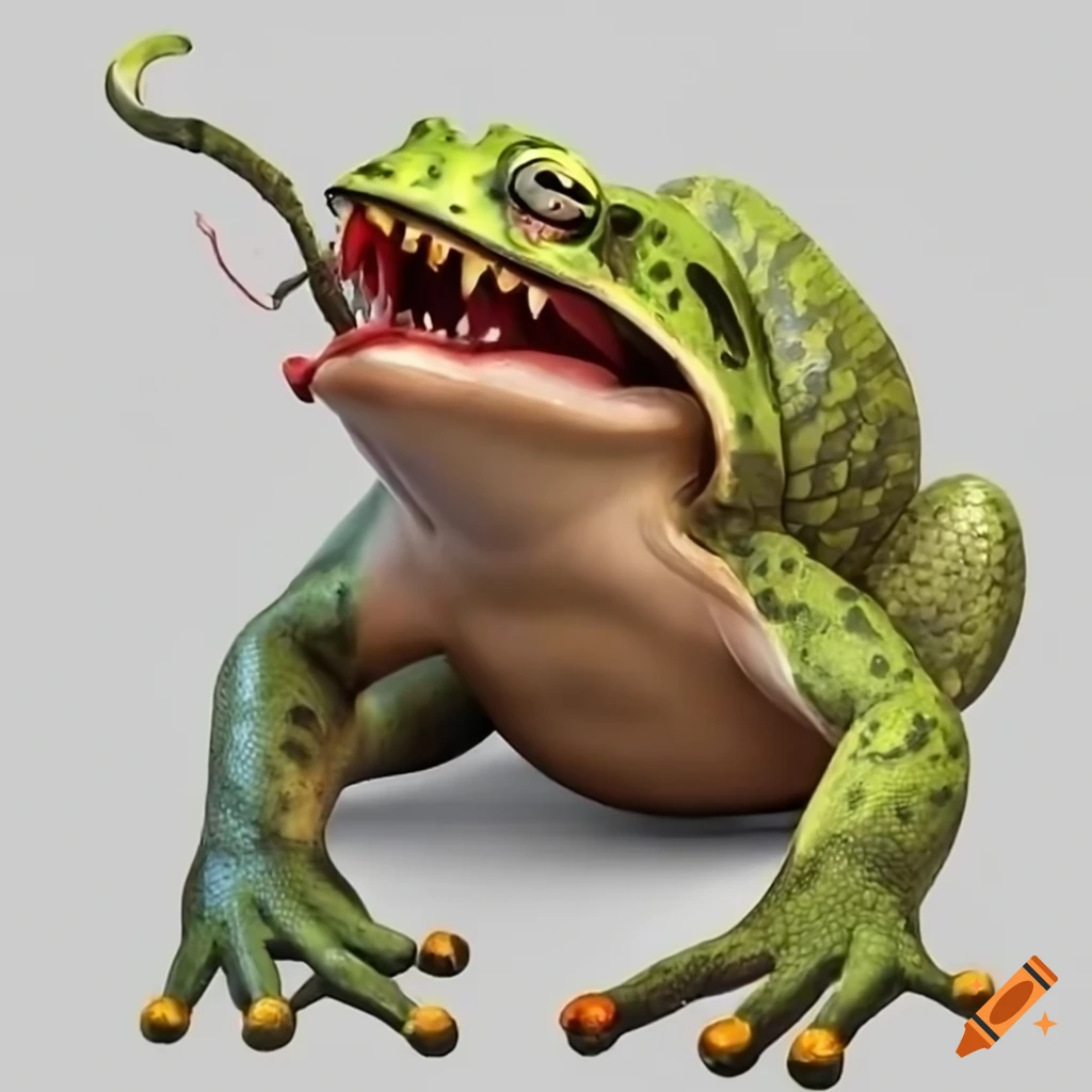 Angry frog with giant teeth eating a snake on Craiyon