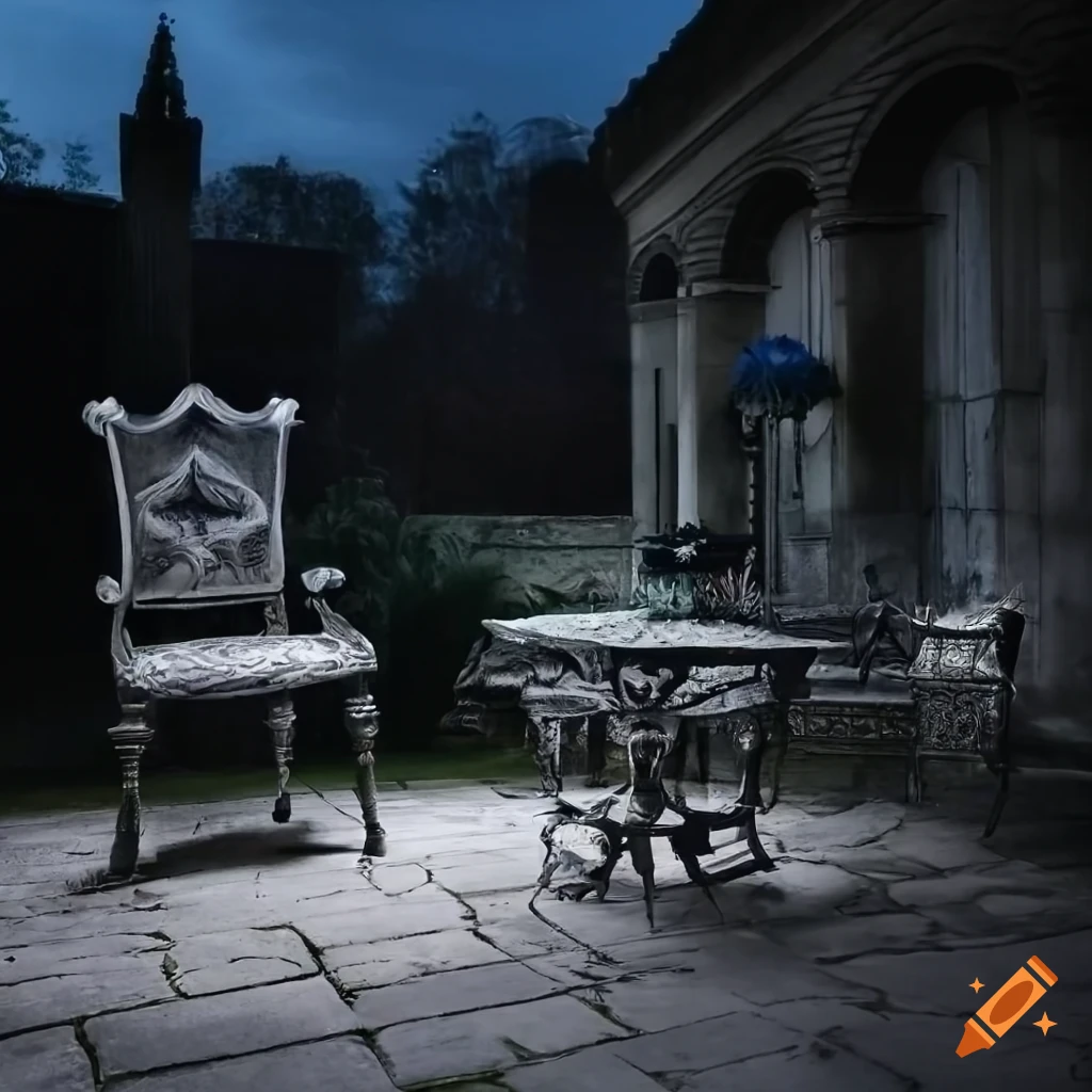 Outdoor patio of an English manor with dark, creepy night atmosphere on ...