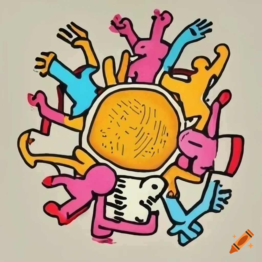 Keith Haring drawings holding hands in a circle from overhead view on ...