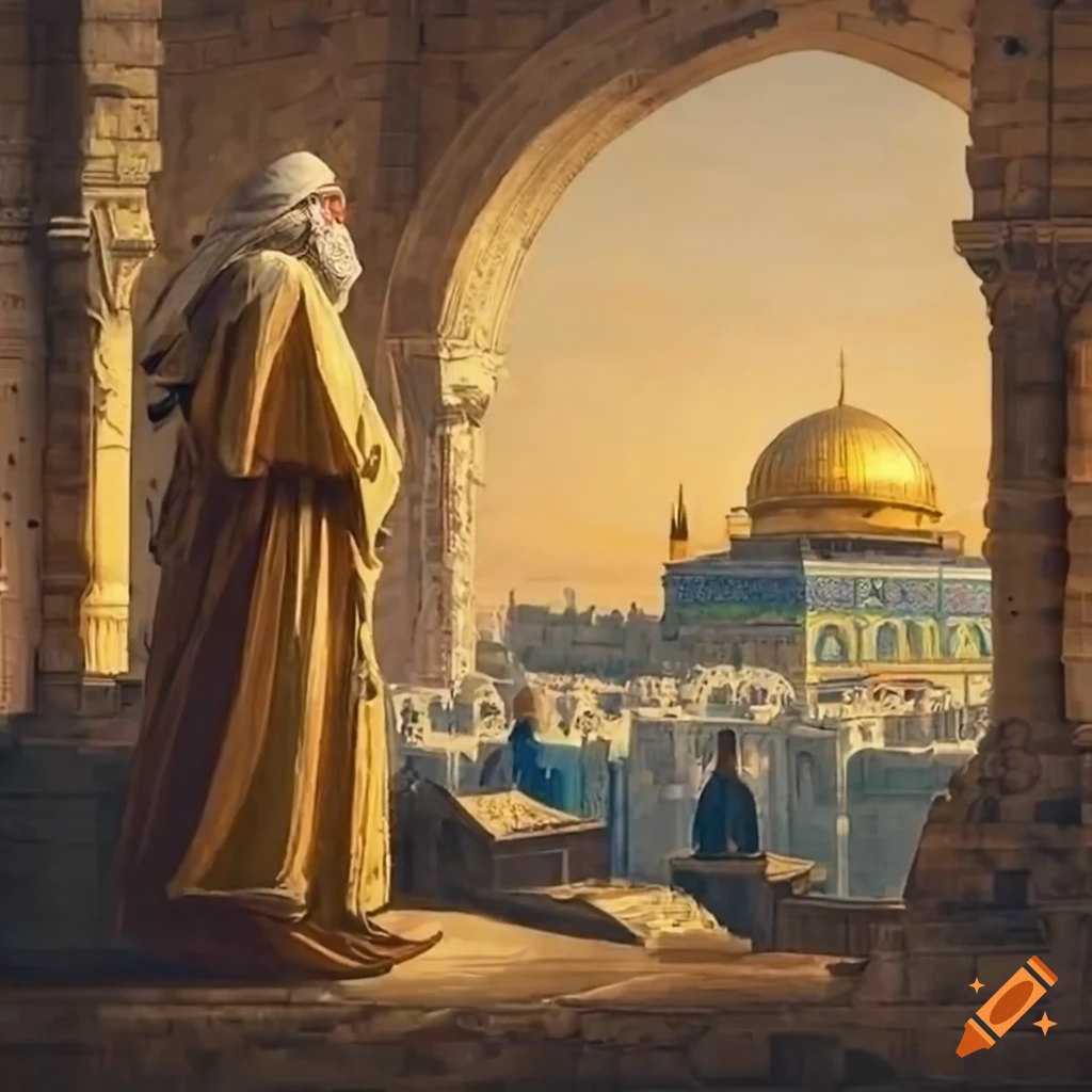 View of Jerusalem with golden temple and Prophet Jonah standing ...