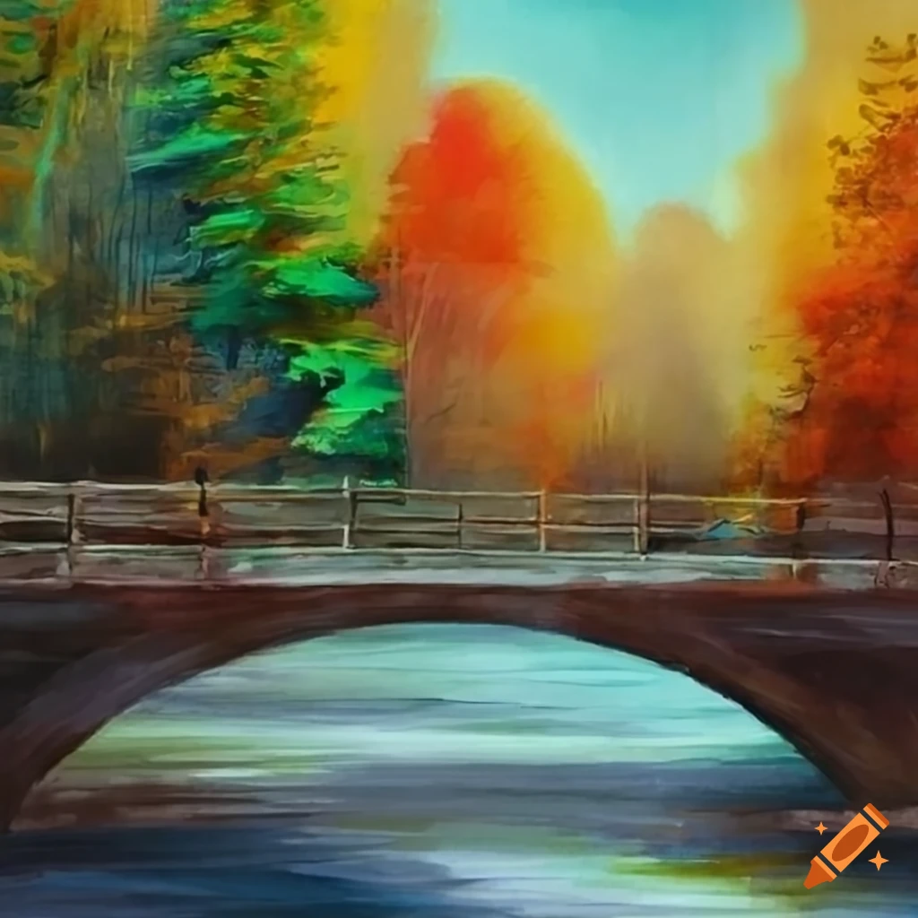 Arched bridge over river with trees on each side in watercolor painting ...