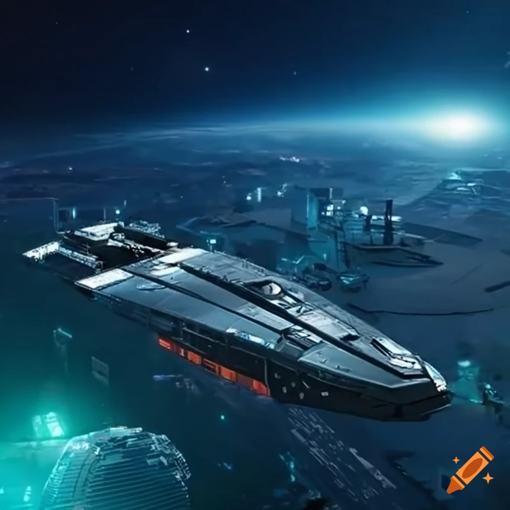 Sci-fi future city with a docking spaceship from a high angle view on Craiyon