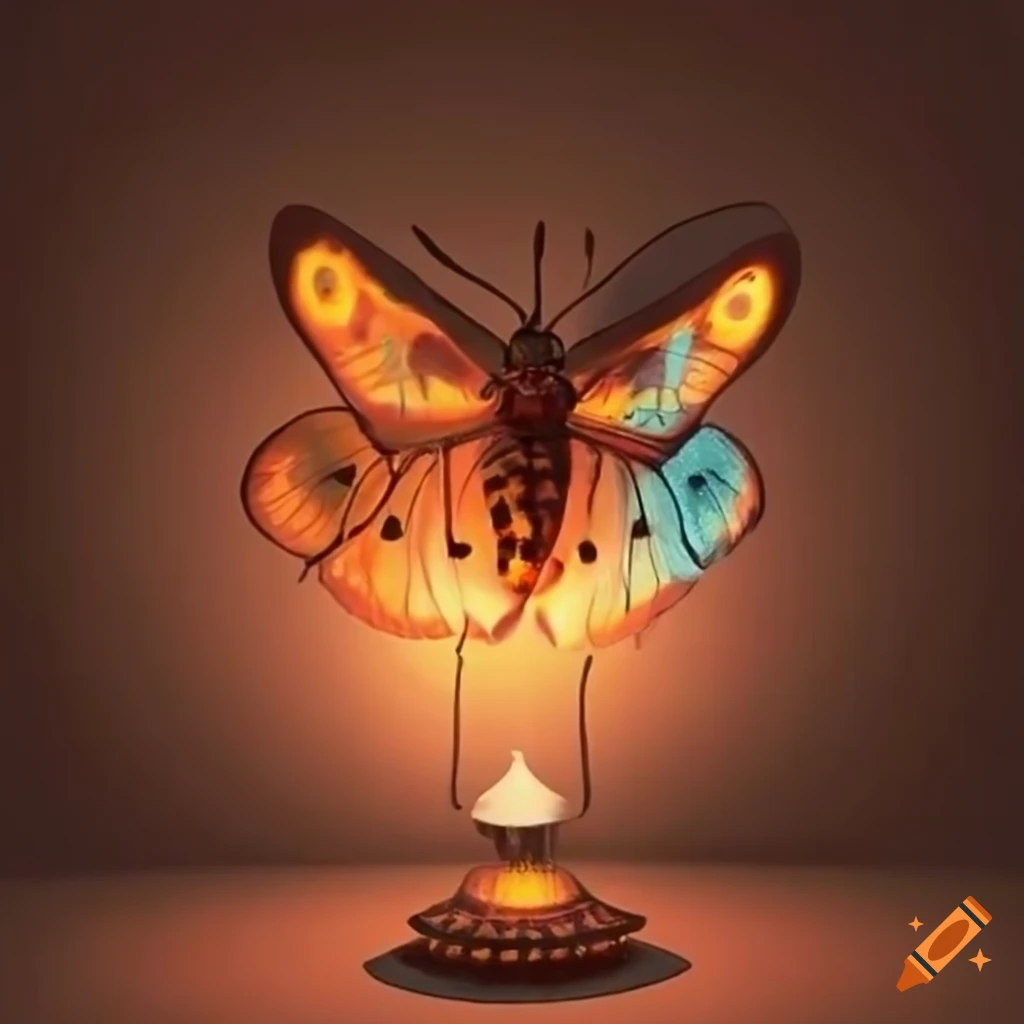 Whimsical moth by a warm-toned oil lamp in animation style on Craiyon