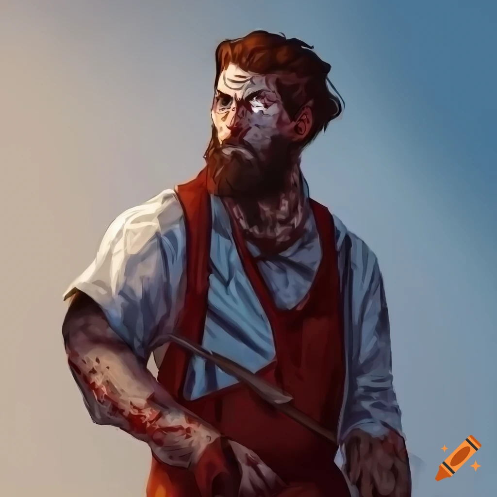 D&D character - strong butcher with scars and cleaver, shadowy figure ...