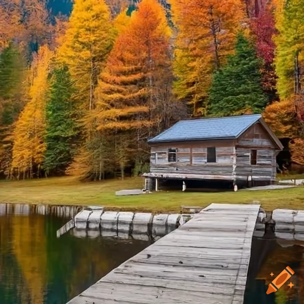 Mountain cabin by lake with autumn colors and dock on Craiyon