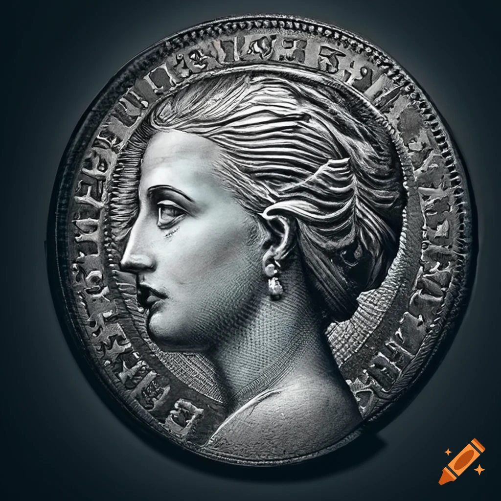 Elegant silver coin with engraved portrait of a woman on Craiyon