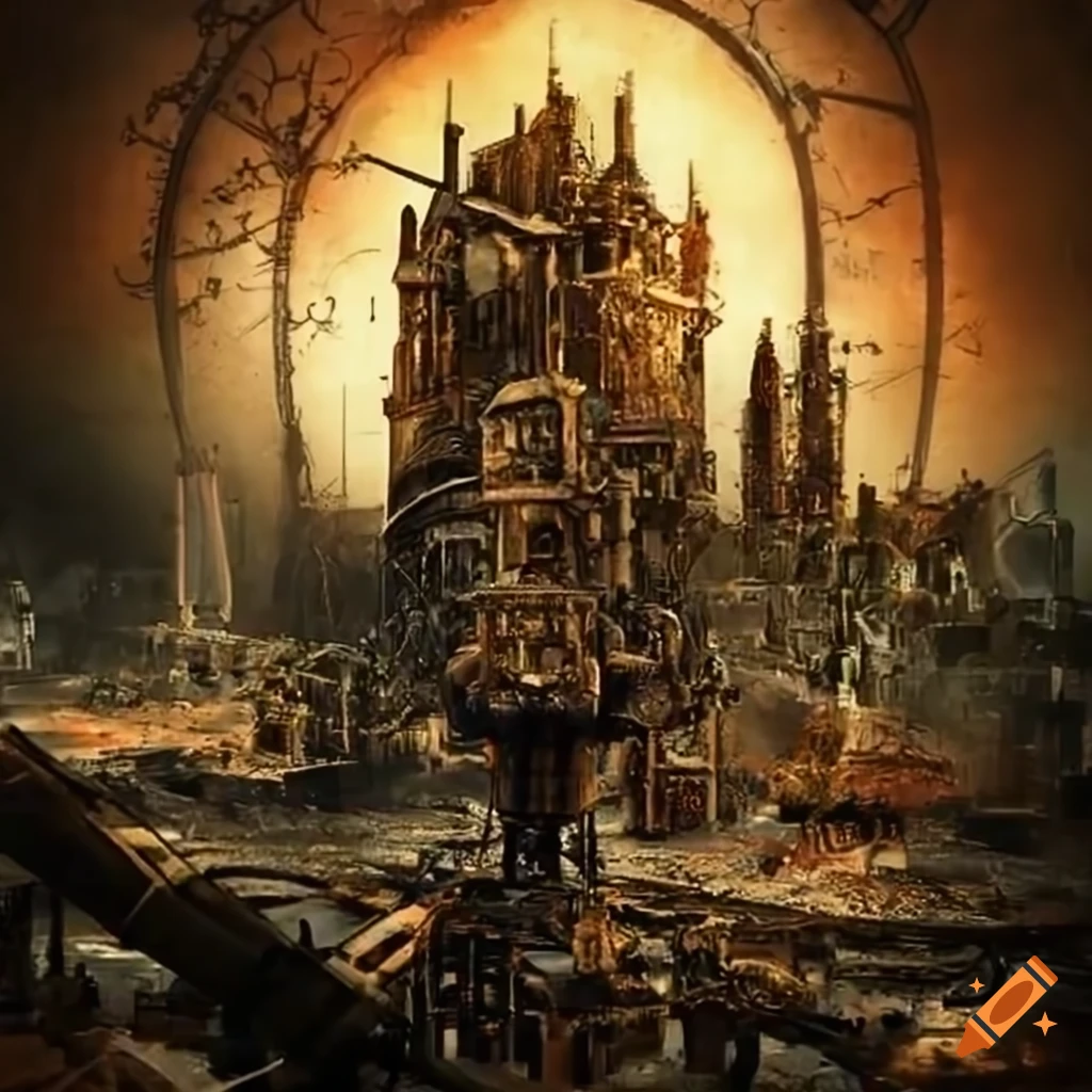 Colossal steampunk machine wreaking havoc in a city on Craiyon