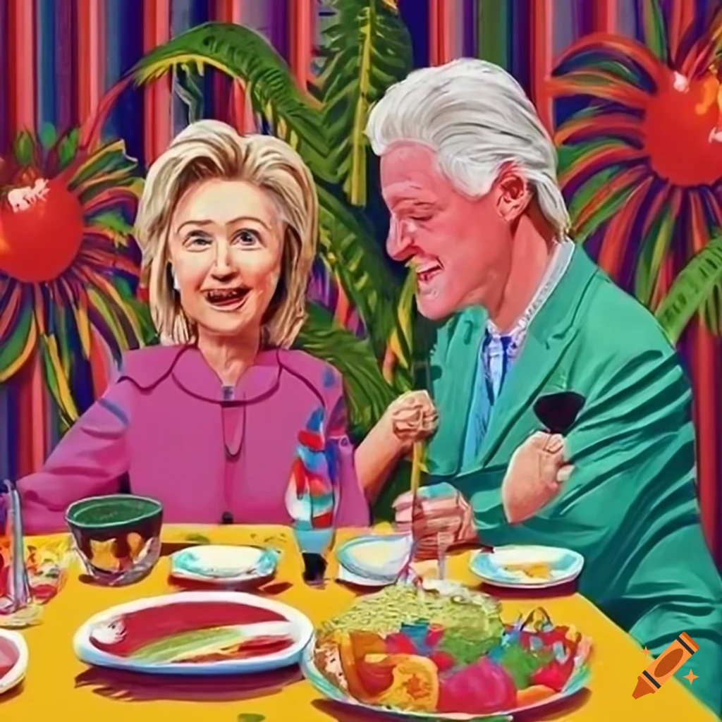 Illustration of Bill and Hillary Clinton dining with colorful friends ...