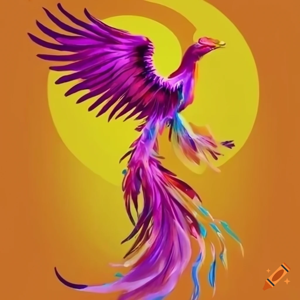 Pink phoenix with people partying in yellow and orange attire on Craiyon