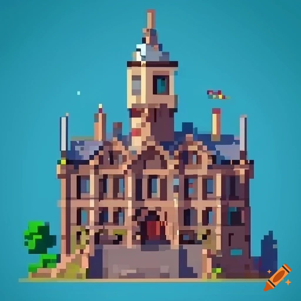 Pixel art representation of a town hall on Craiyon