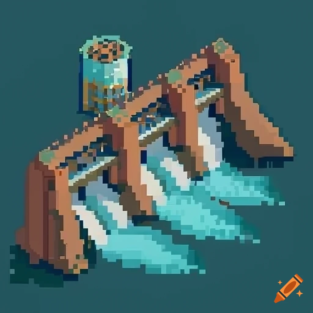 Isometric pixel art of a hydroelectric powerplant on Craiyon