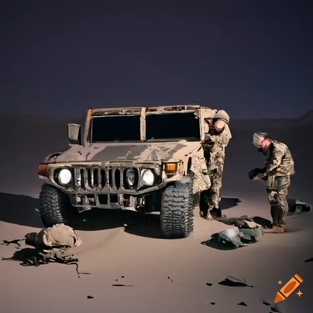 Military mechanics repairing a hummer in the desert at night on Craiyon