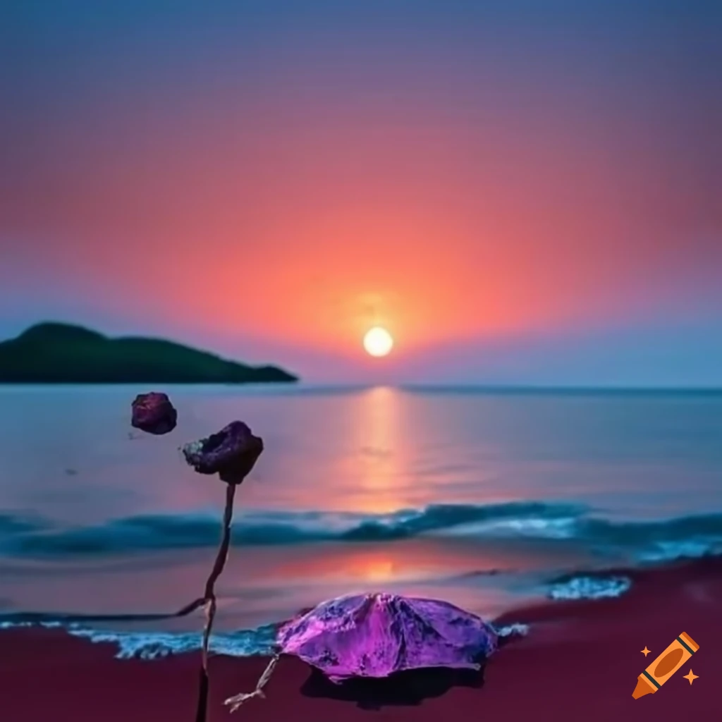 Idyllic red sand beach at sunset with a dying rose painted parasol on ...