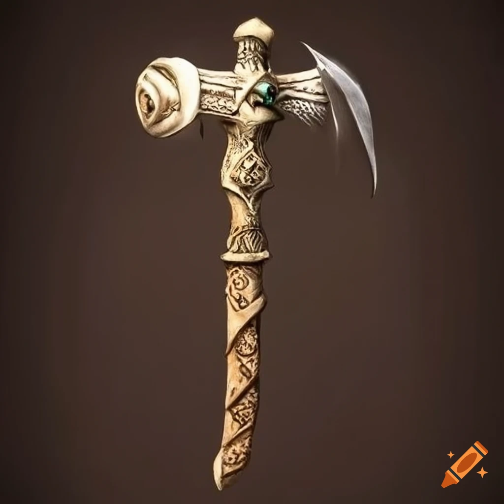 Enchanted medieval fantasy hammer made from bone with feathers on Craiyon