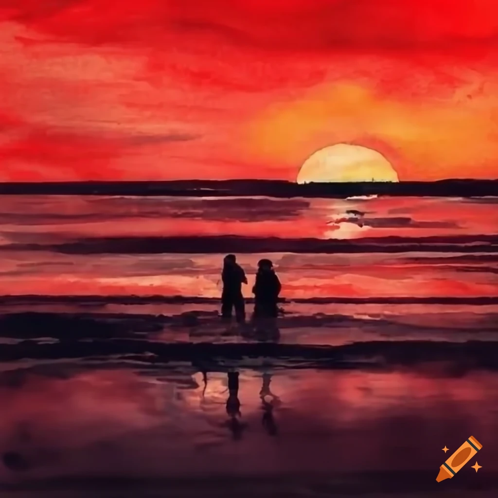 Couple on beach at night during red pink sunset on Craiyon