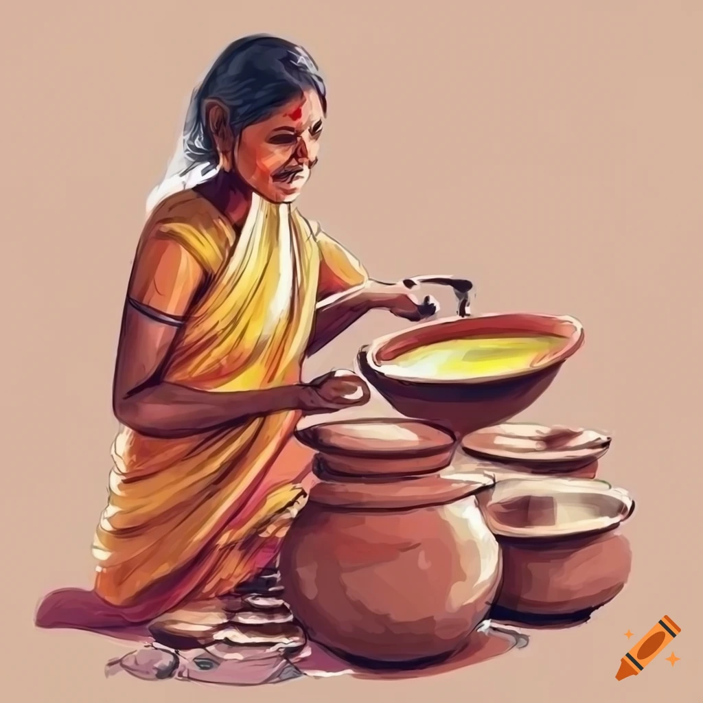 Sketch art of traditional indian cooking in earthen pots on Craiyon
