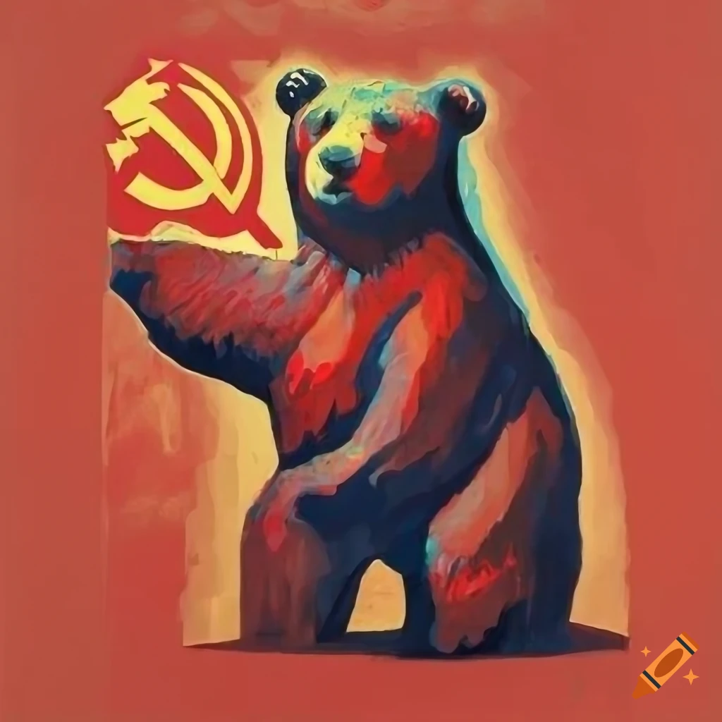 Side view of red bear with soviet symbol in propaganda style poster on Craiyon
