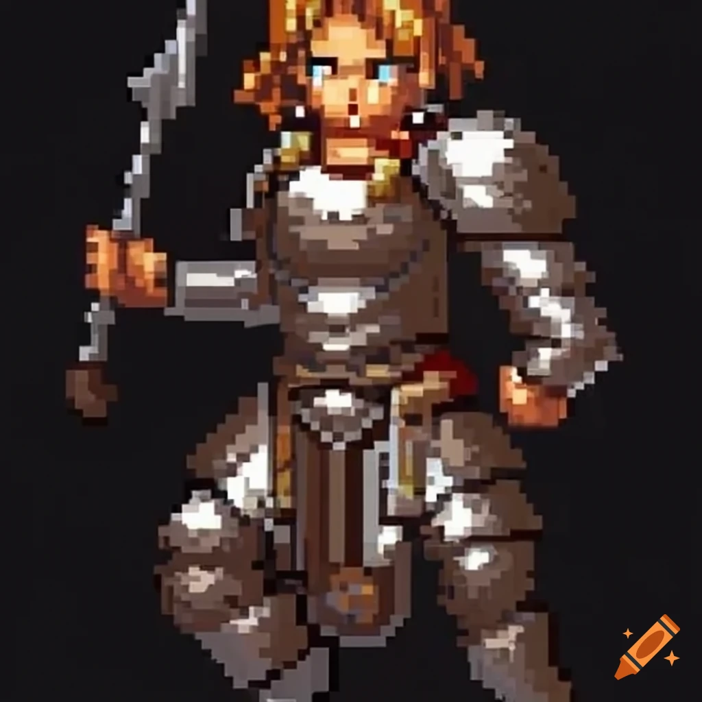 Pixel art of a cleric in armor walking in a dungeon scene on Craiyon