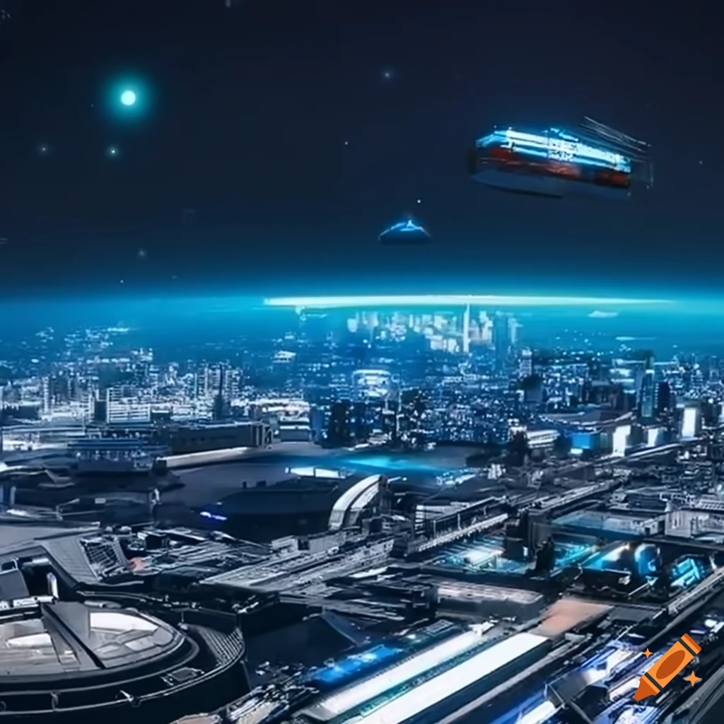Sci-fi future city with a docking spaceship from a high angle view on ...