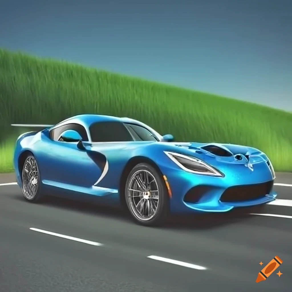 Blue srt viper on highway with grass on Craiyon