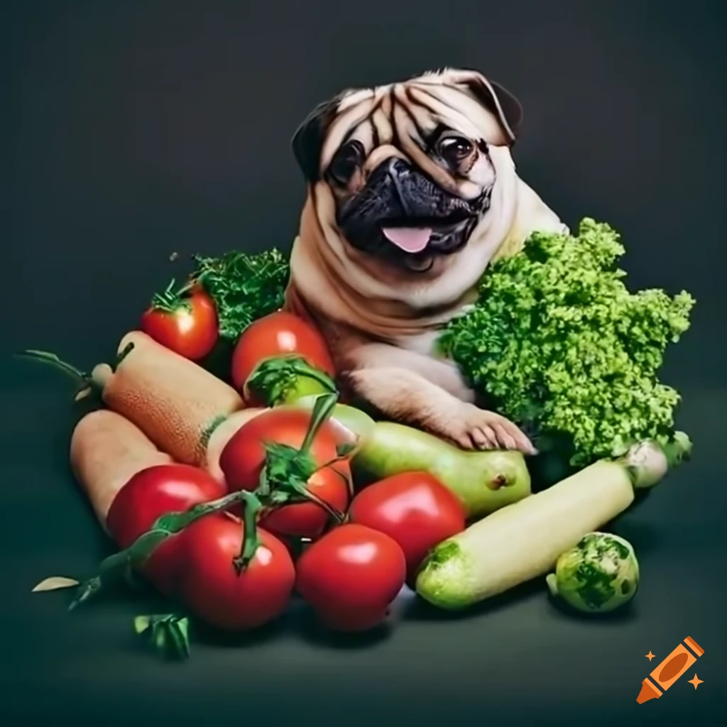 Healthy pug surrounded by vegetables on Craiyon