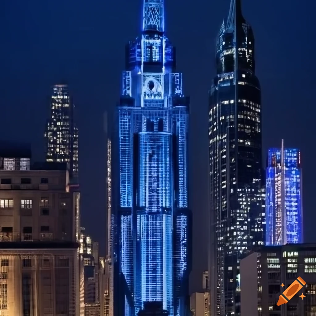 Art deco and neoclassical skyscraper with blue led lights at night on ...