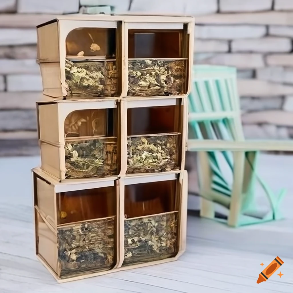 Futuristic solarpunk-inspired eco-friendly stackable storage boxes on ...