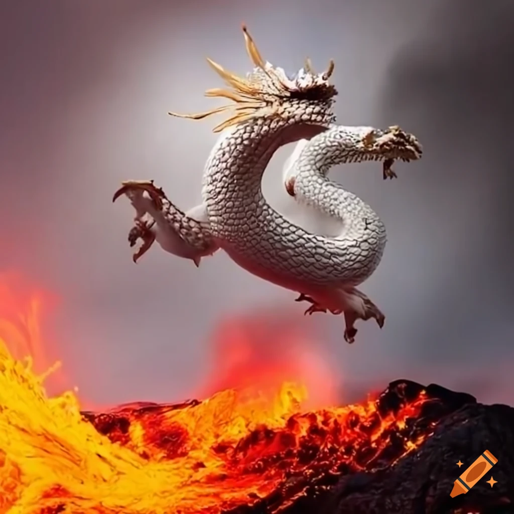 White chinese dragon flying in volcanic eruption on Craiyon