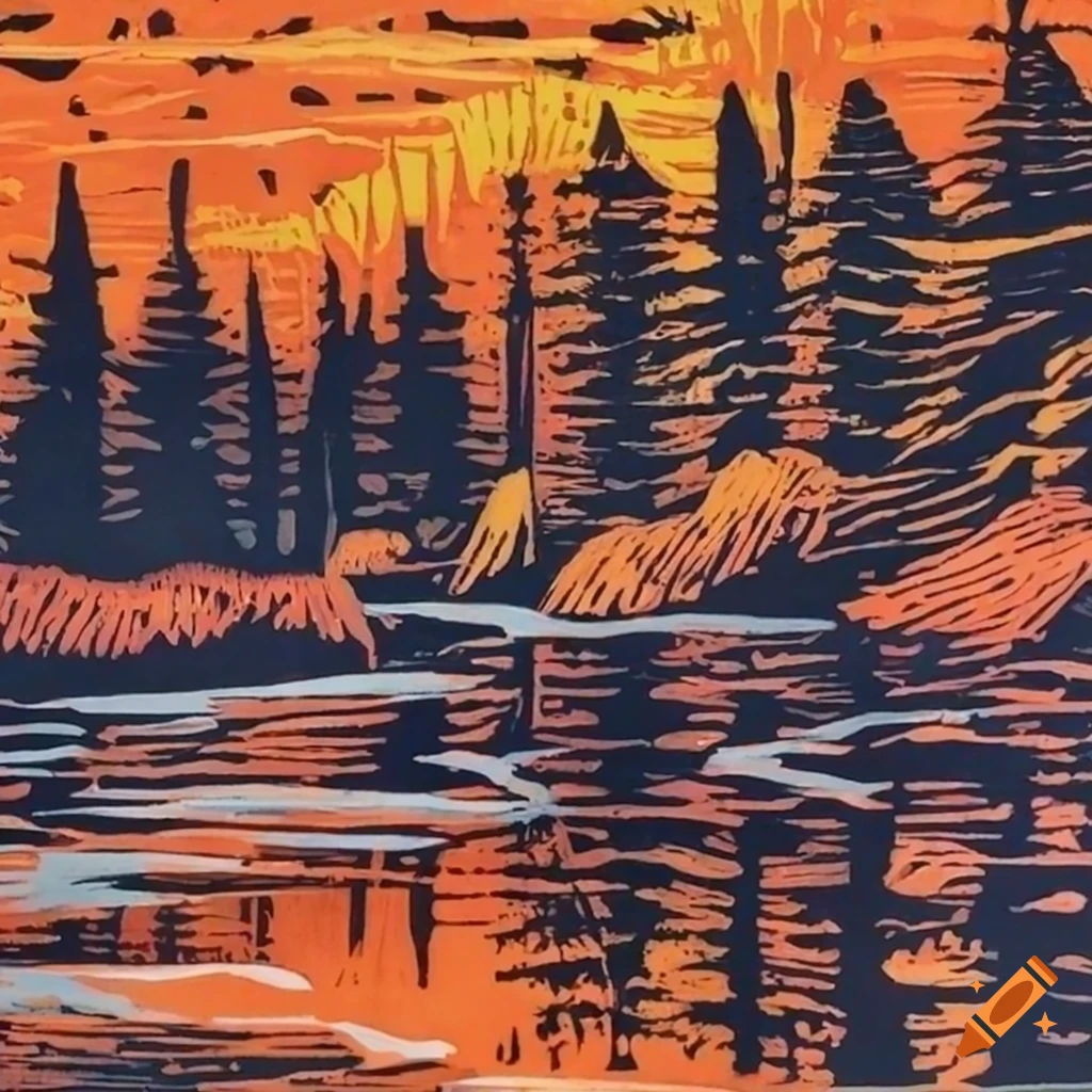 Pine river linocut in fall season on Craiyon