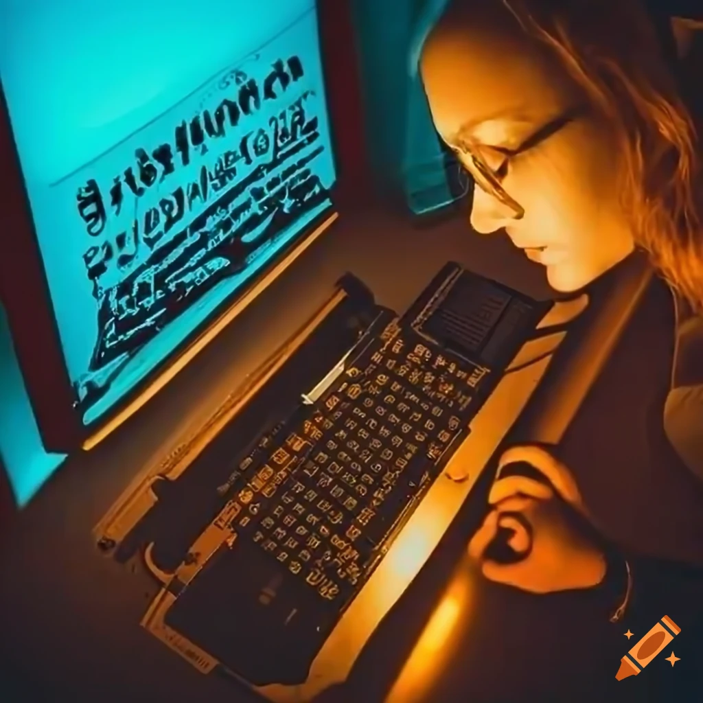 Computer hacker working on old computers during golden hour on Craiyon