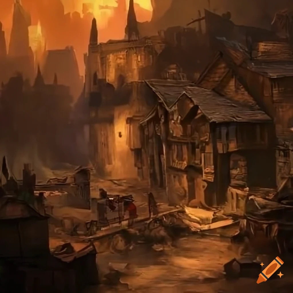 Fantasy slum inhabited by magic users with small huts and shops on Craiyon