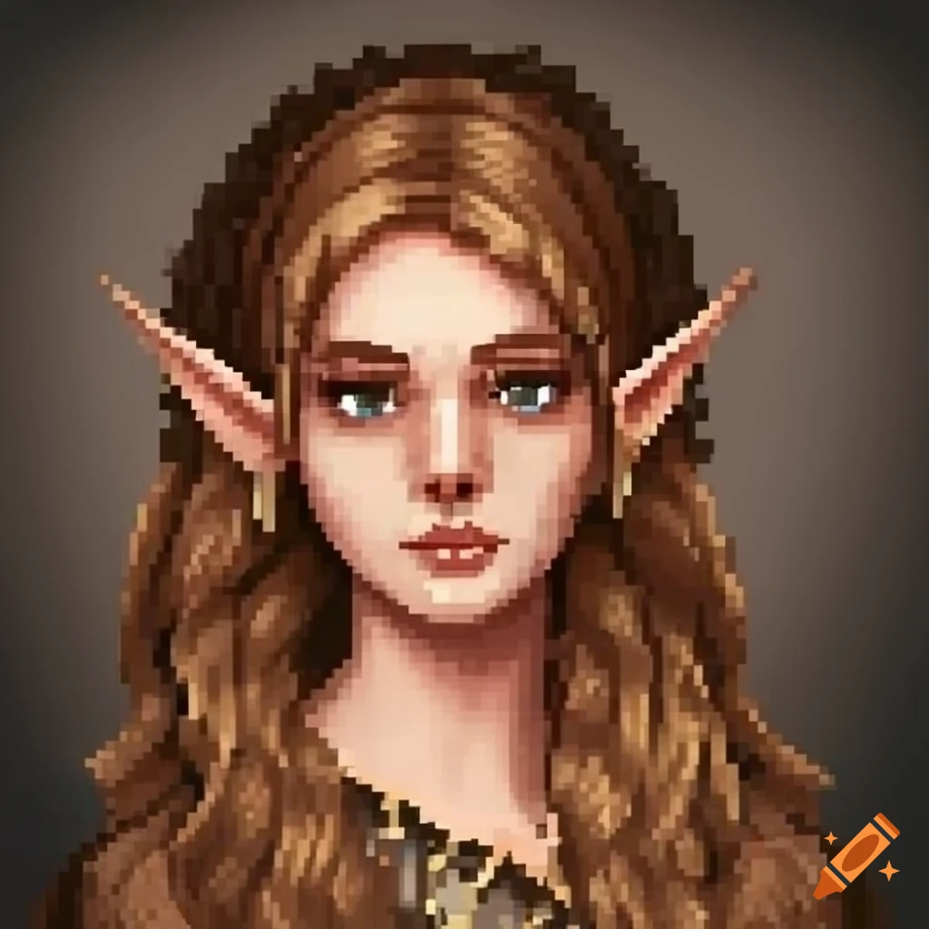Enchanting elf with brown wavy hair in pixel art style on Craiyon