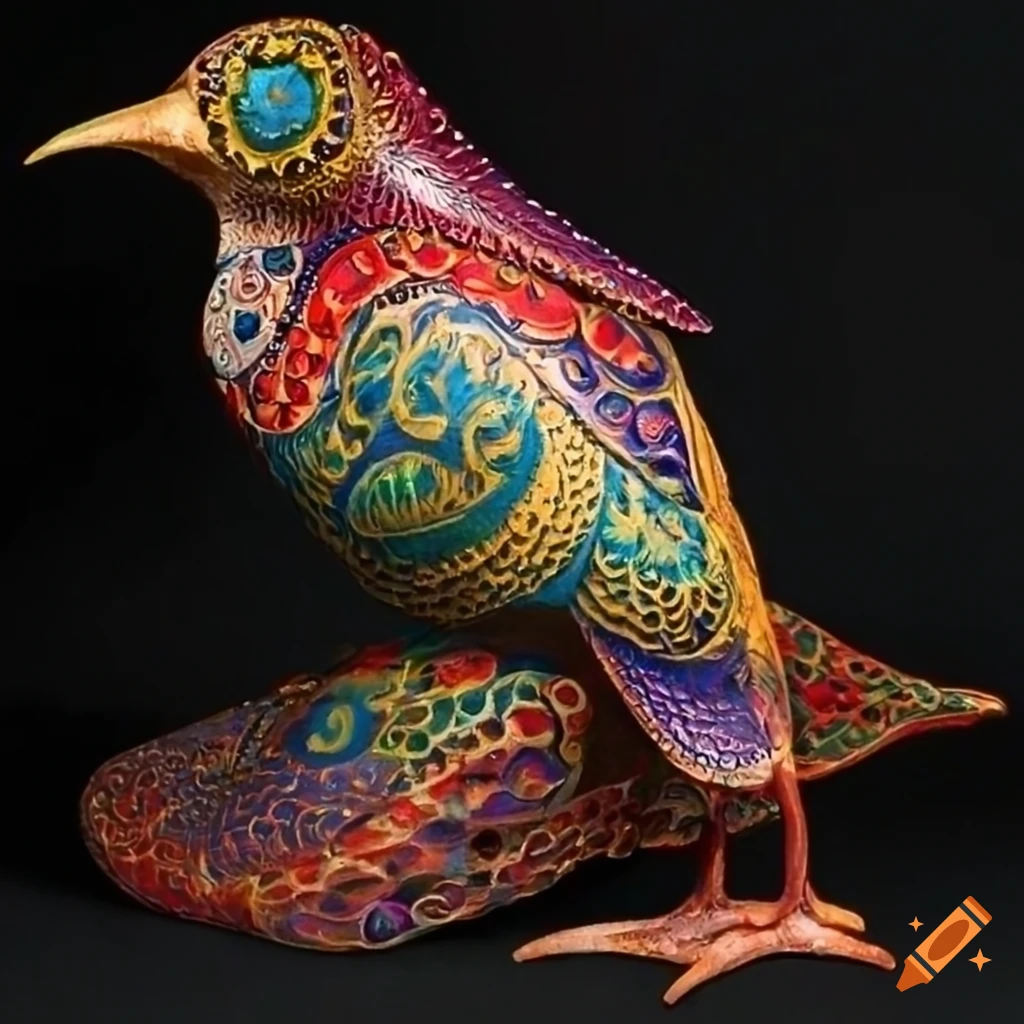 Intricately detailed and richly colored bird sculpture in traditional ...
