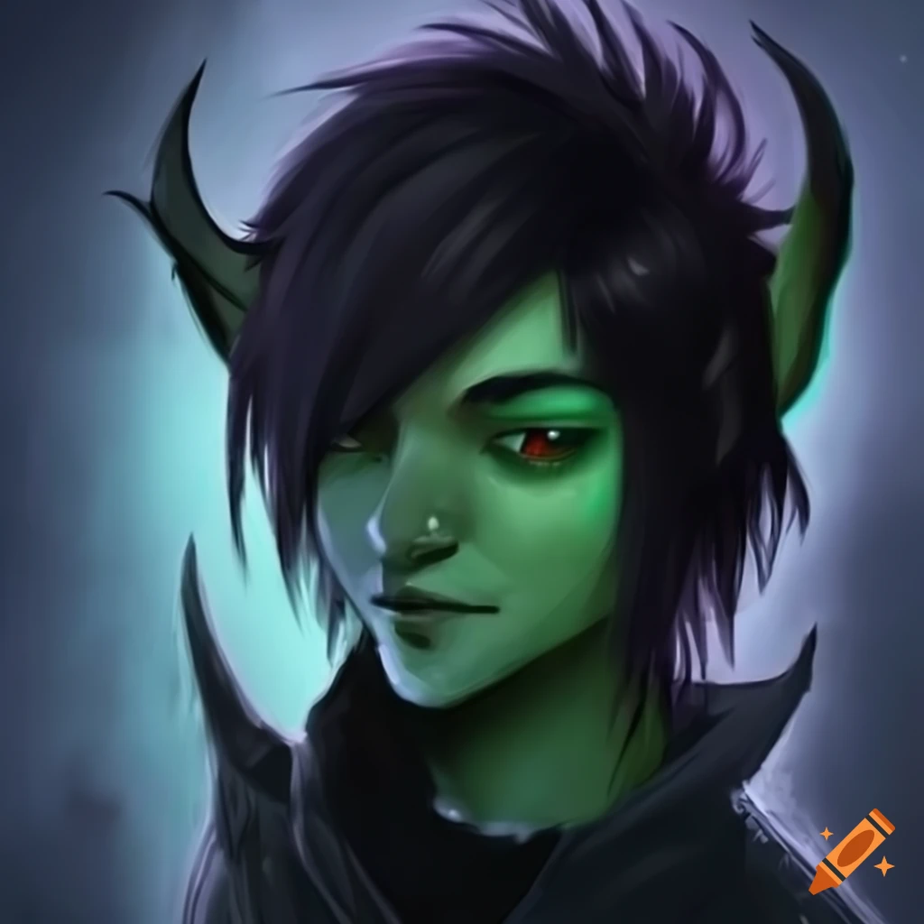 Character Edjek the goblin with emo style short black hair on Craiyon