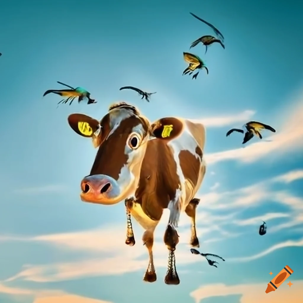 Flying fish riding a cow in a surreal scene on Craiyon