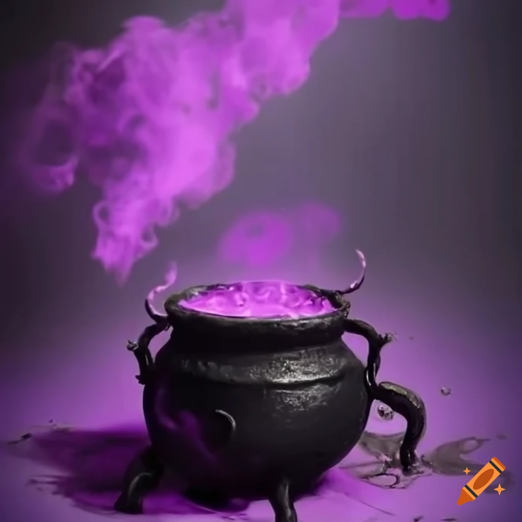 Black witches cauldron bubbling with purple steam and ladle on Craiyon