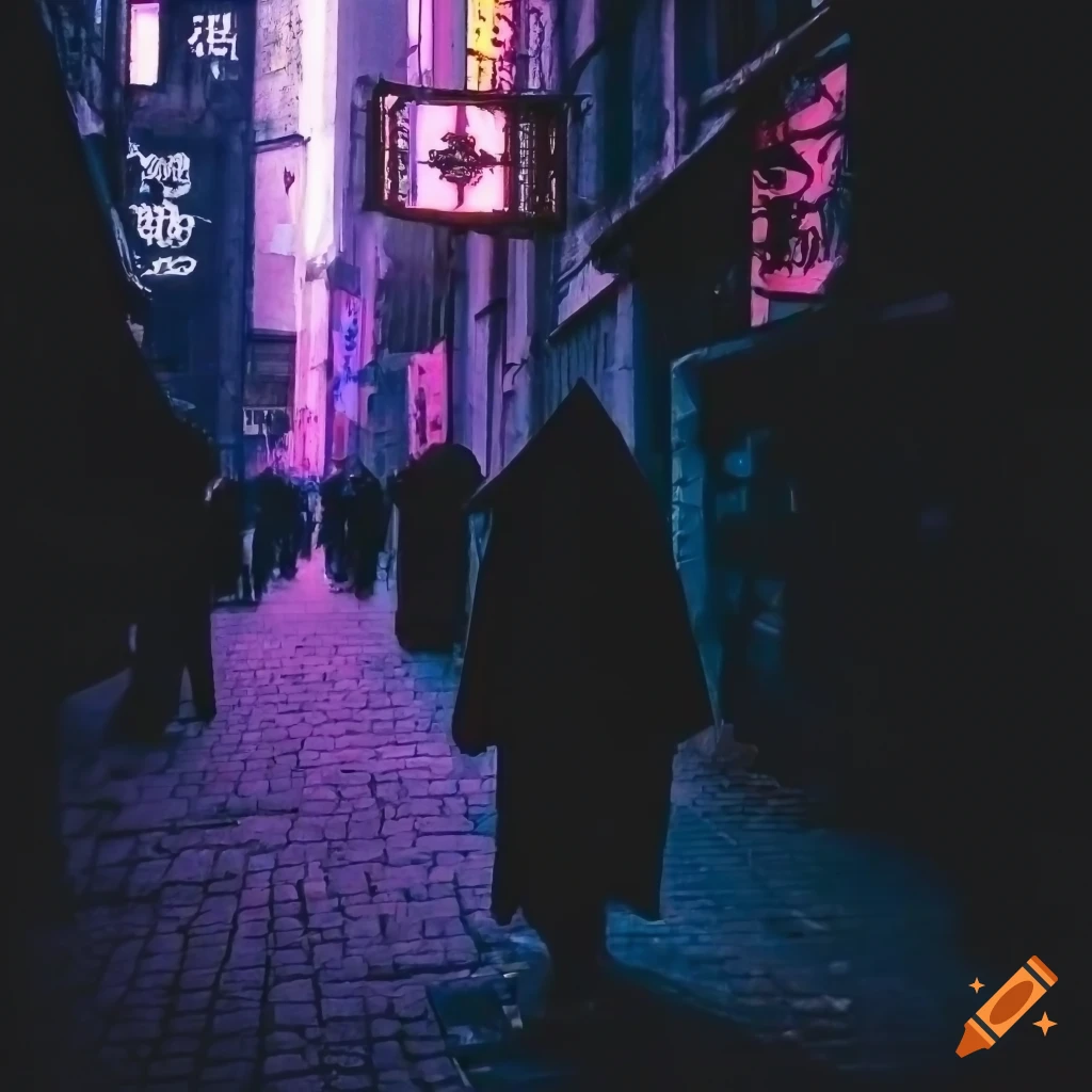 Dark alleyway with gothic and cyberpunk elements, hooded figures and ...