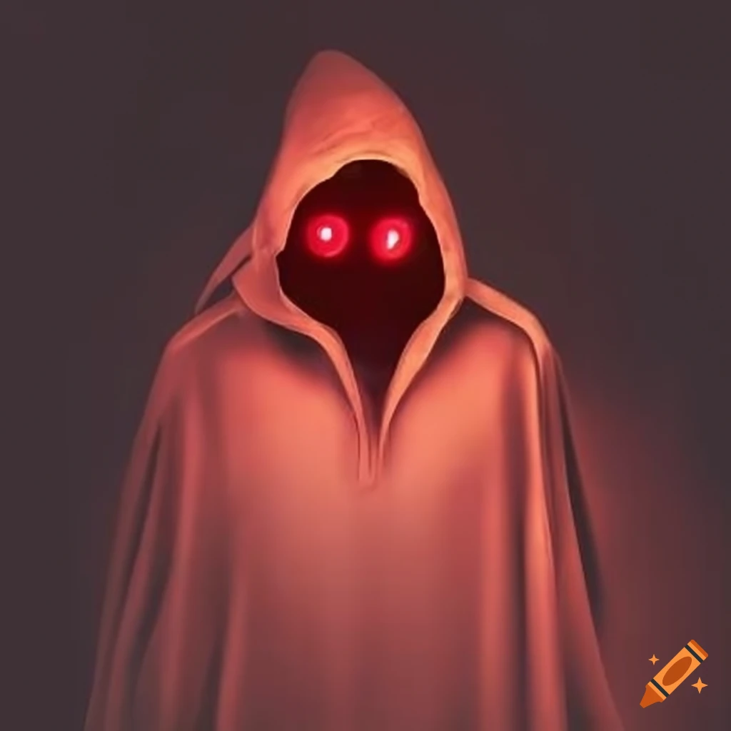 Hooded figure with only glowing red eyes visible on Craiyon