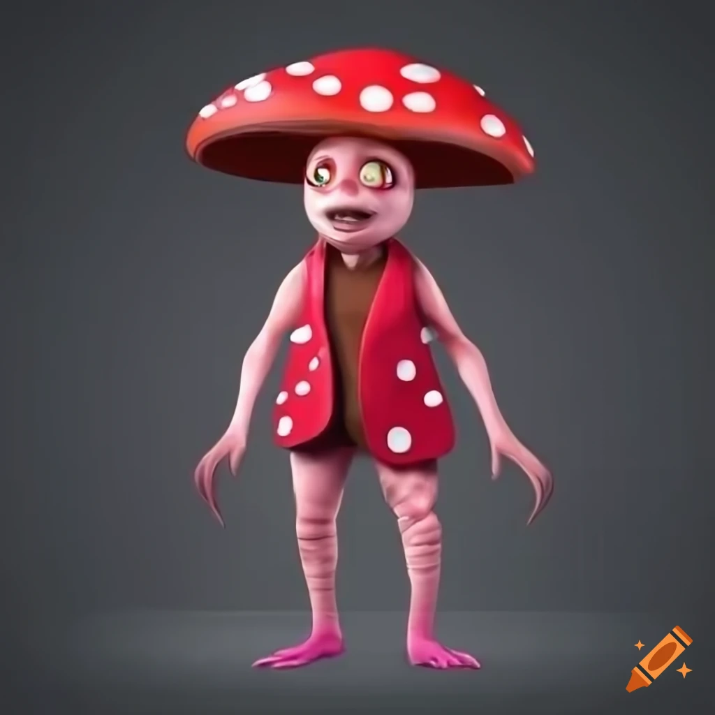 Realistic cartoon mushroom humanoid in pink dress and red vest, short ...