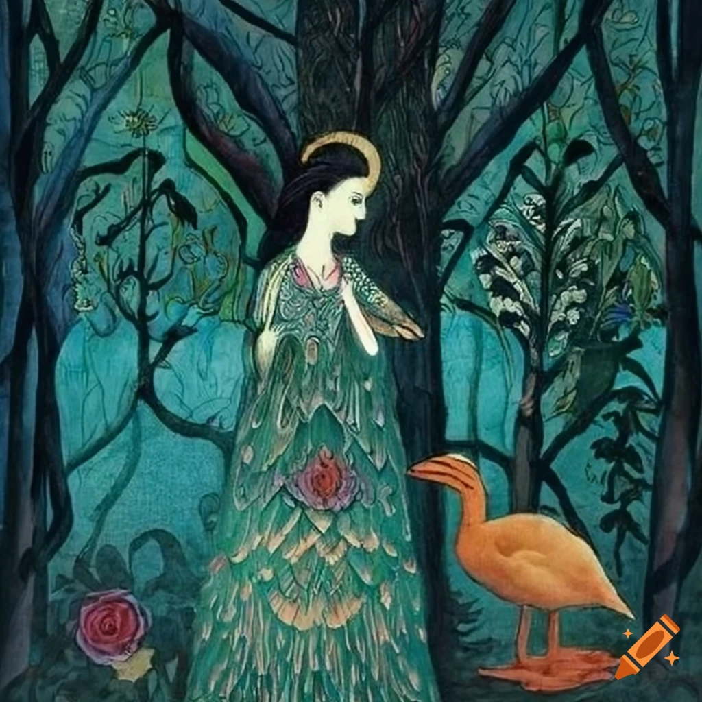 Illustration of Mother Goose Curandera with Peacock Cloak in a mystical ...