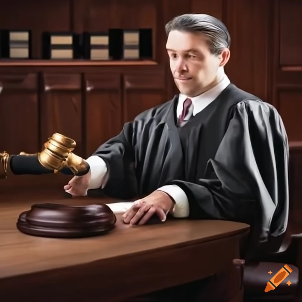 Judge in formal robes using gavel in courtroom on Craiyon