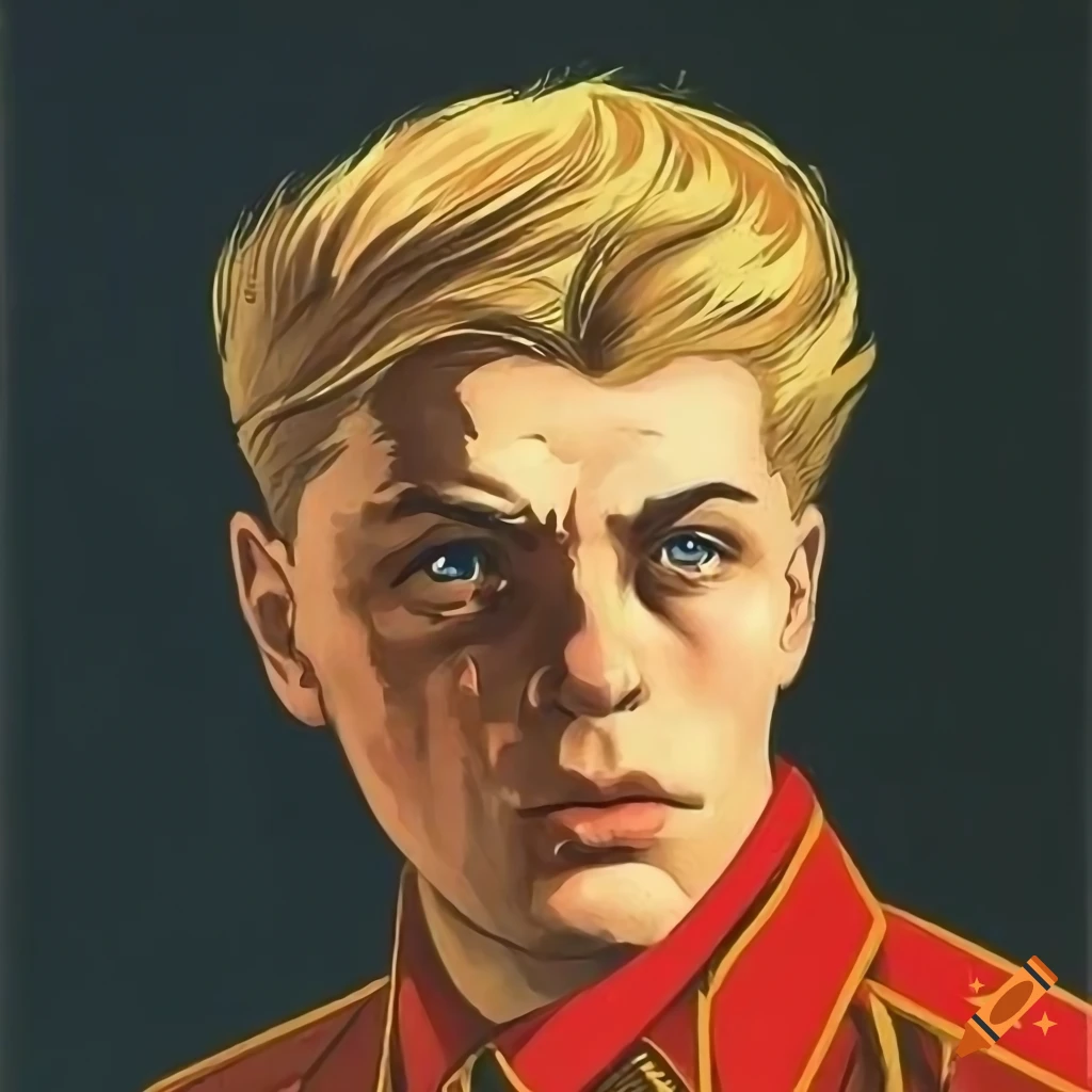 Soviet-era man with military-style haircut in propaganda art on Craiyon