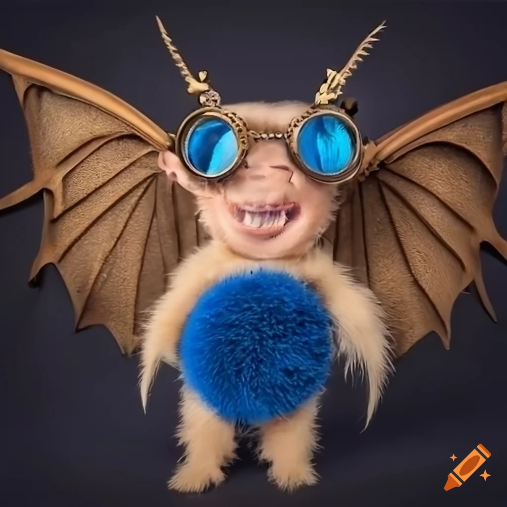 Round fuzzy ball creature with bat wings, steampunk goggles, and top ...