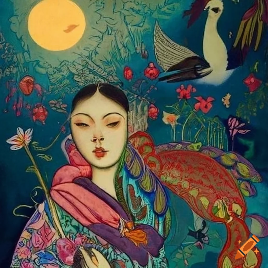 Illustration of mystical curandera raven and elegant mother goose with ...