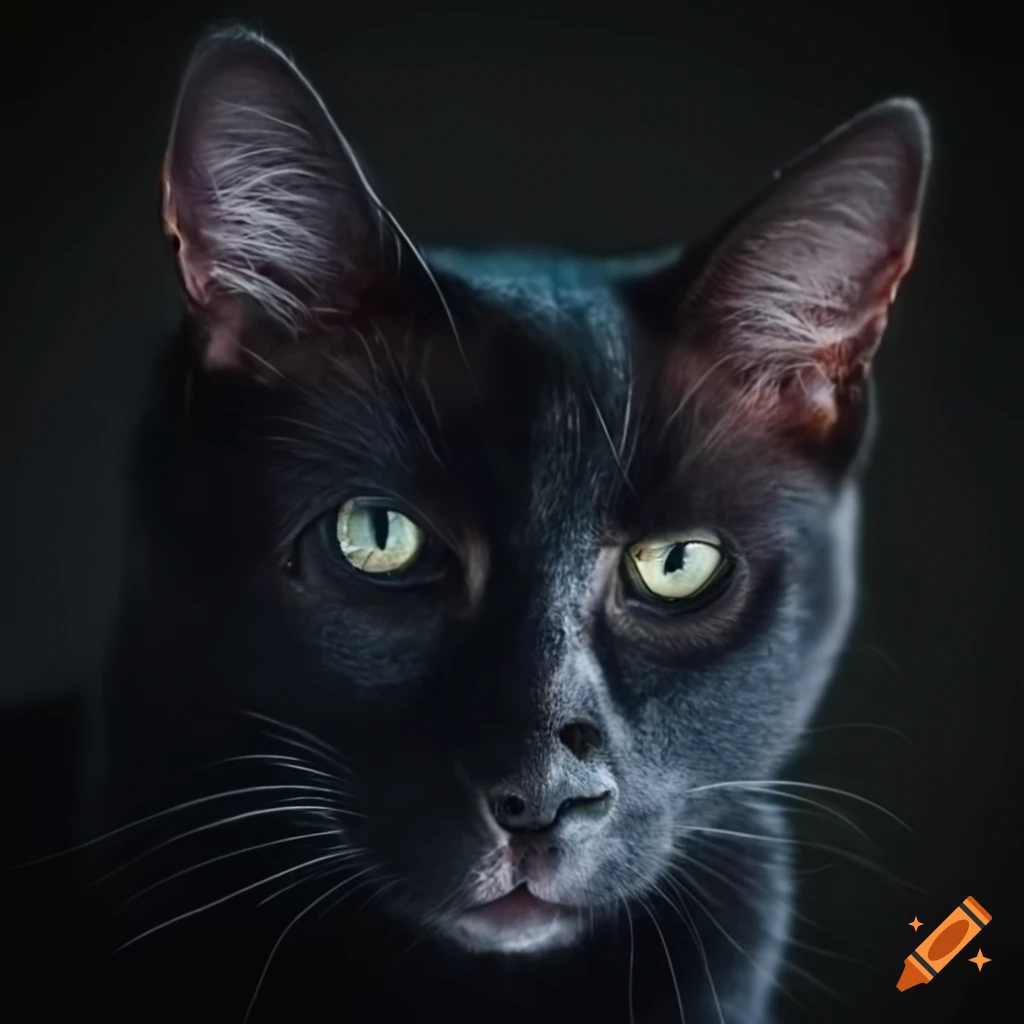 Black cat's intense face lit dramatically from the side on Craiyon