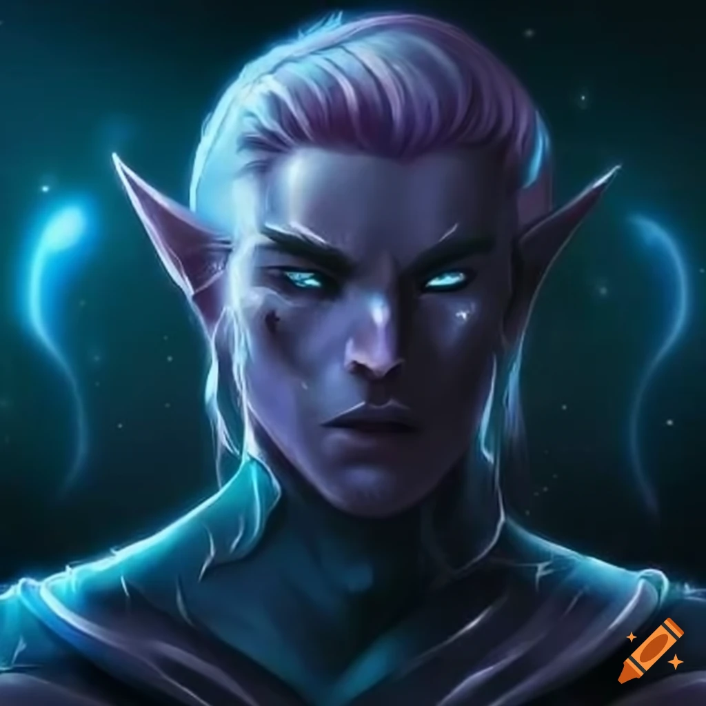 Male astral elf gazing at constellations with deep black eyes on Craiyon