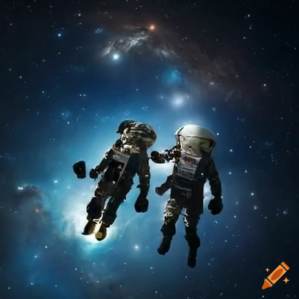 Spacemen floating in space holding hands over the earth on Craiyon