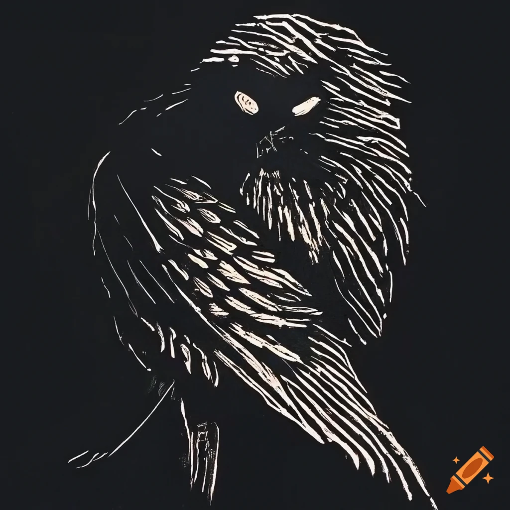 Minimal black linocut of a horror bird inspired by Stephen King on Craiyon
