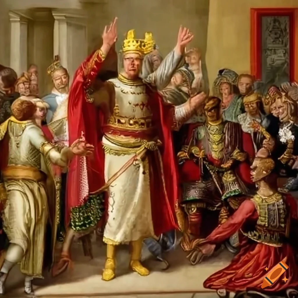 King standing and raising his right hand towards the people on Craiyon